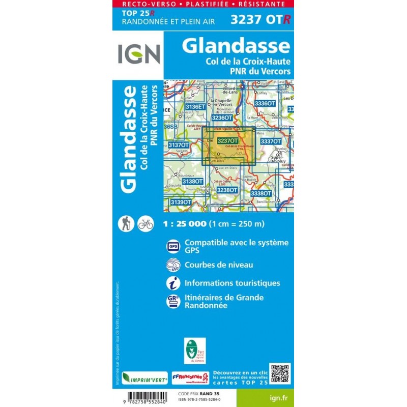 Carte IGN Glandasse 3237 OTR Version plastifiée